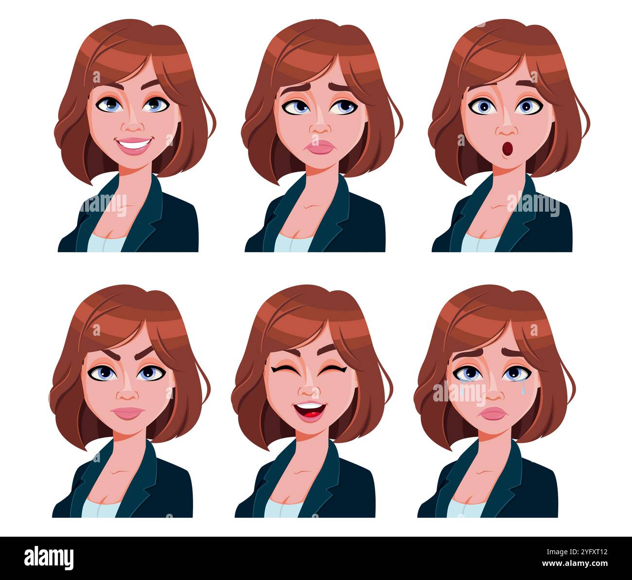 Face expressions of pretty woman with brown hair. Different female ...