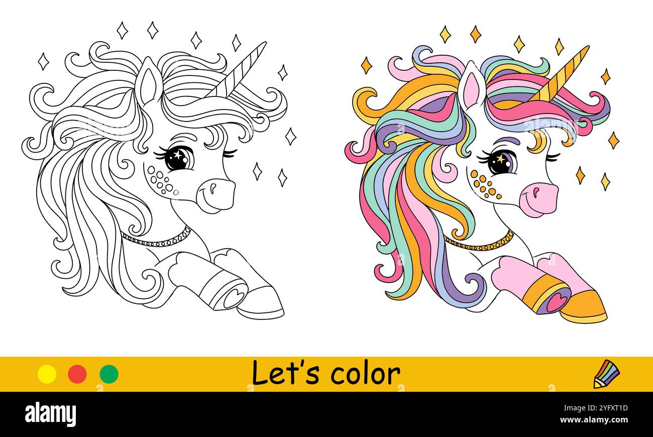 Cartoon cute dreaming unicorn. Kids coloring book page. Unicorn ...