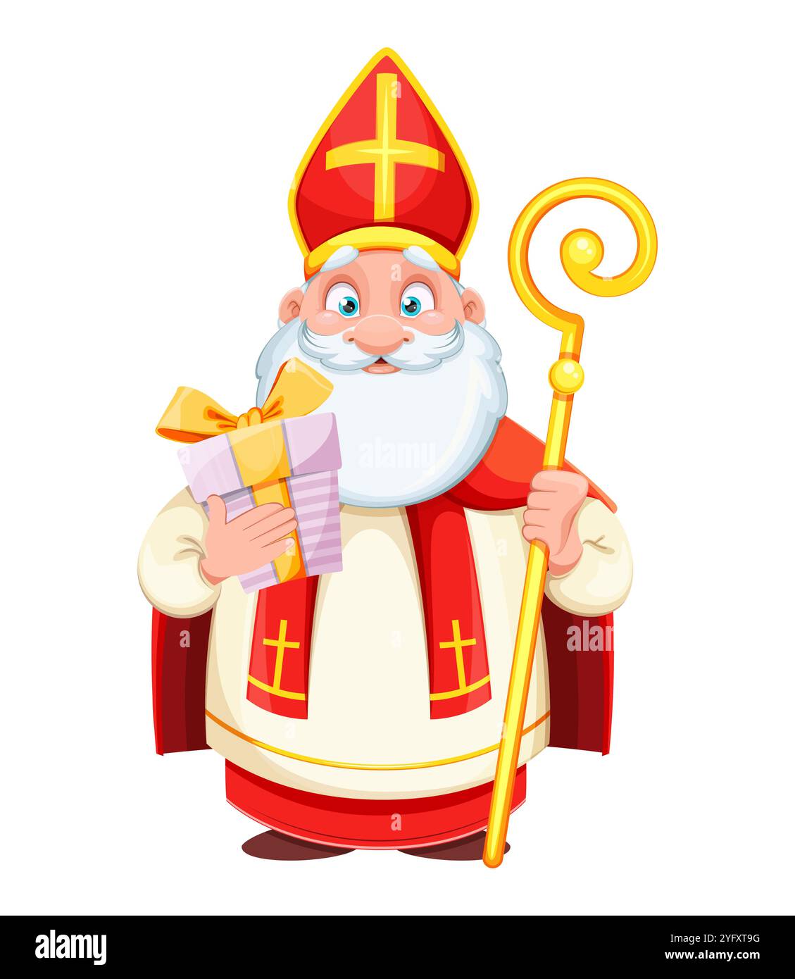 Cute Saint Nicholas or Sinterklaas with gift box. Happy Saint Nicholas ...