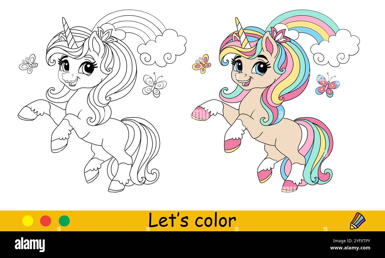 Cartoon unicorn with butterflies and rainbow. Kids coloring page ...