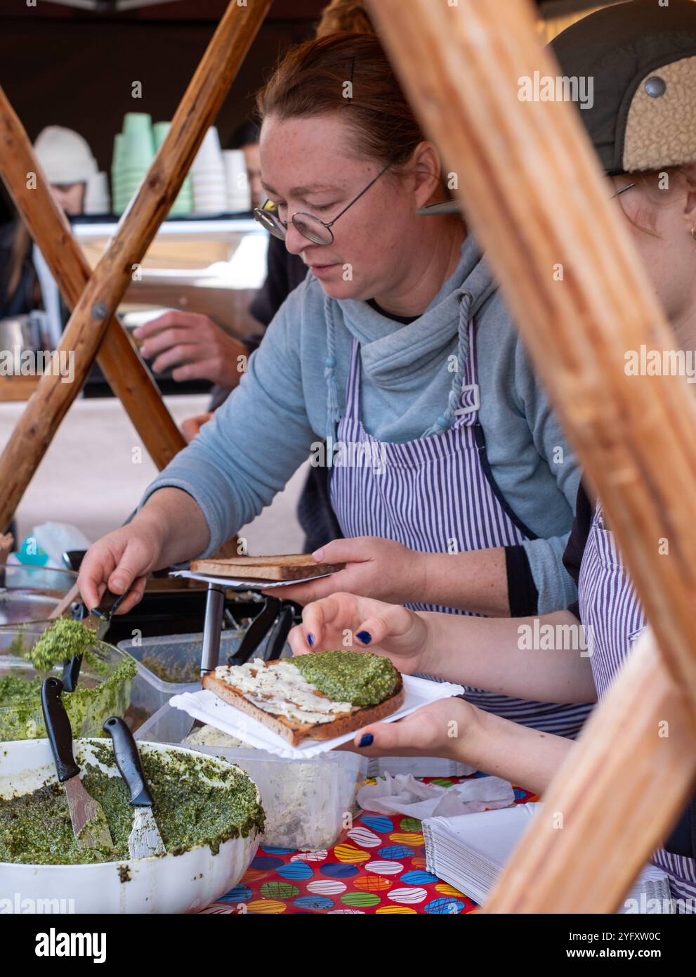 Ppular stall kiosk selling homemade herb pesto on sourdough toast, at ...