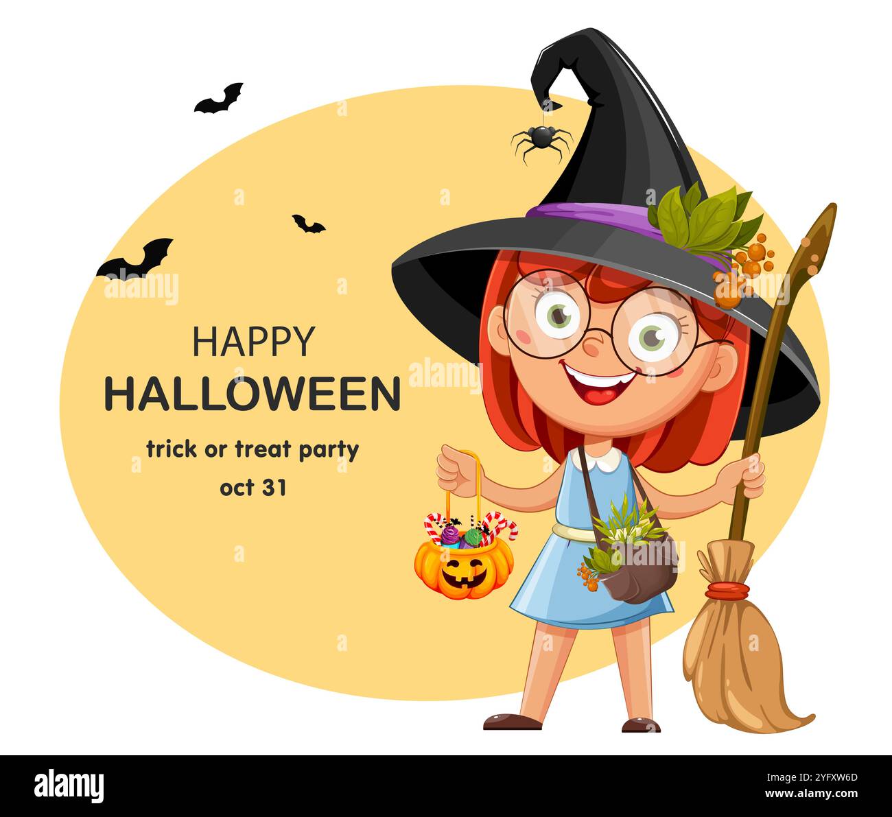Happy Halloween greeting card. Cute young beautiful witch, cartoon girl ...