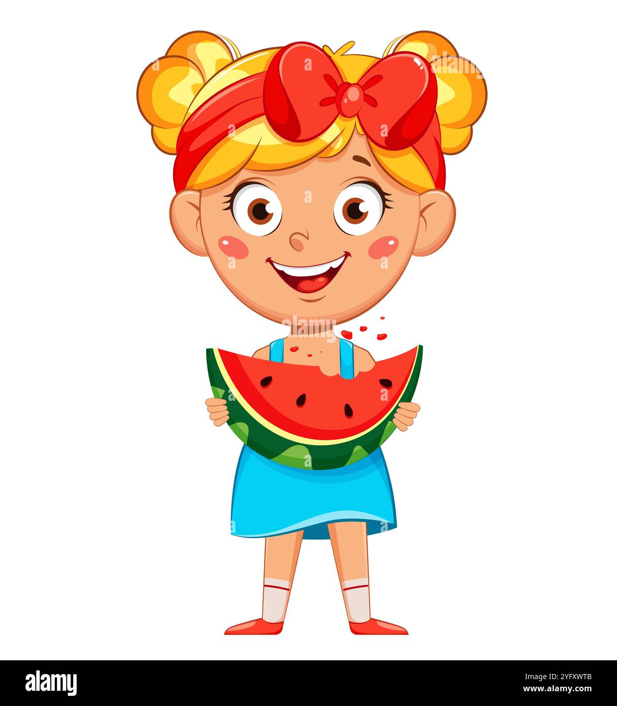 Little girl enjoying slice of watermelon. Cute girl cartoon character ...