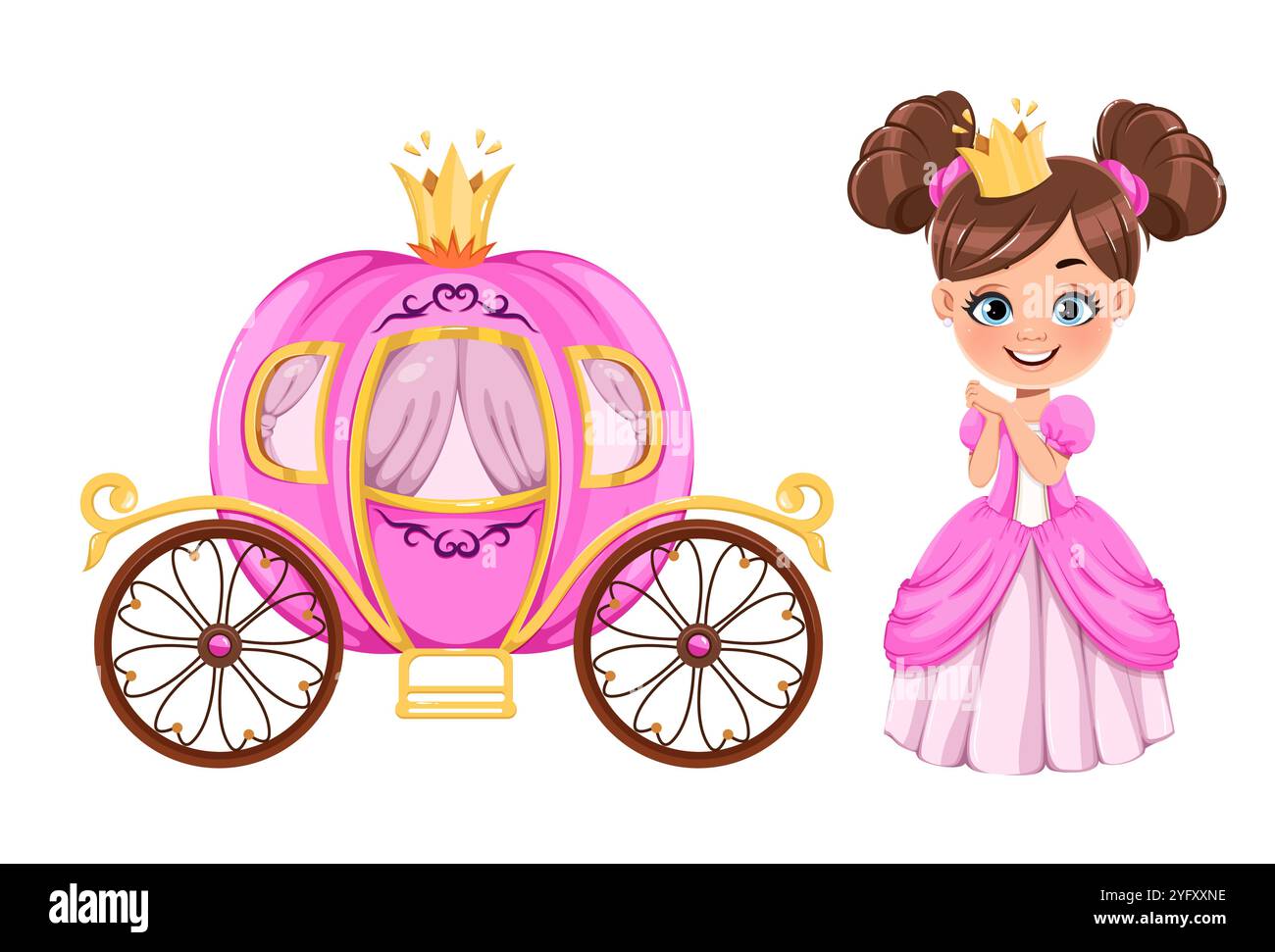 Cute little princess and carriage. Cheerful princess cartoon character ...