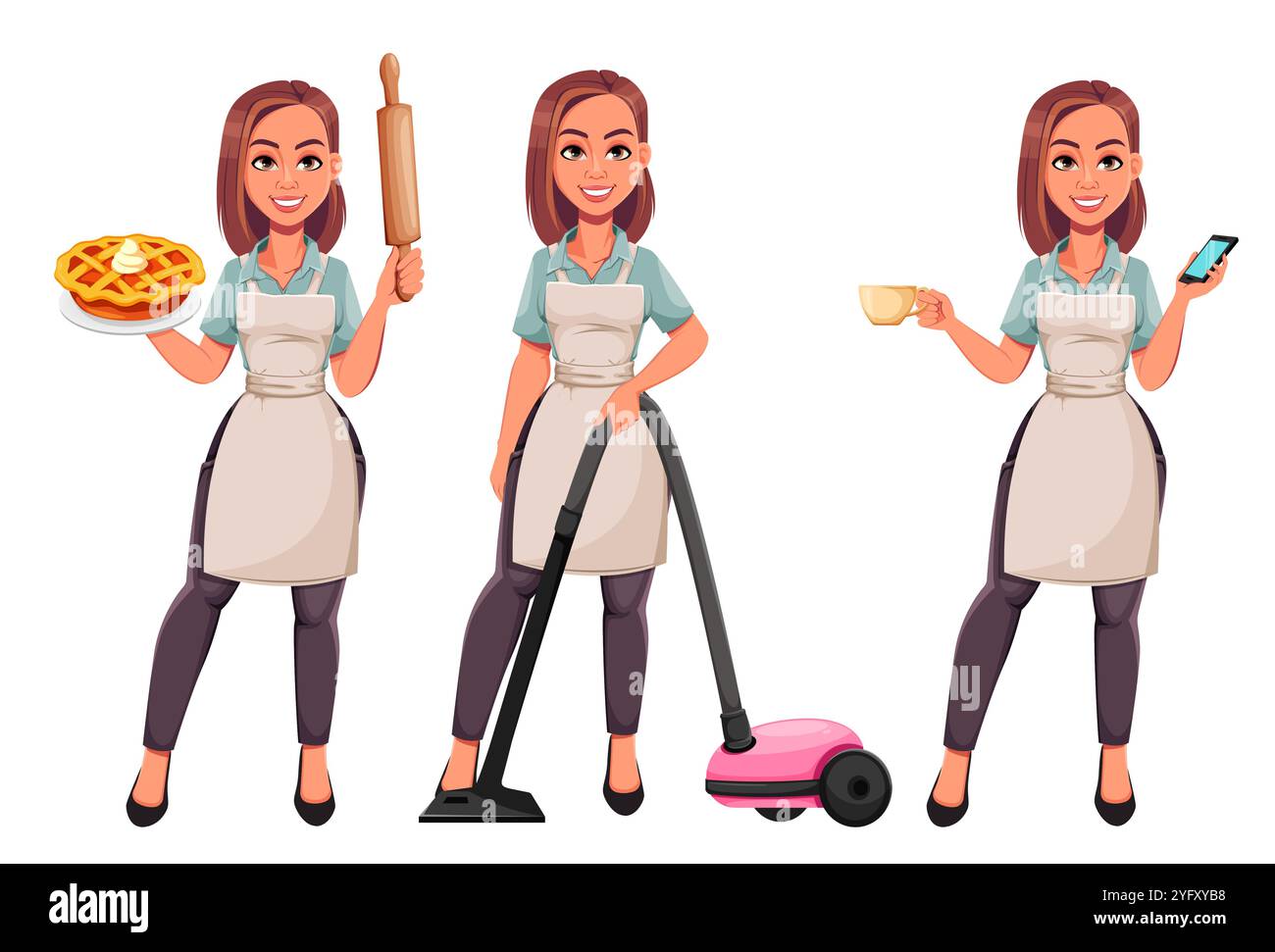 Housewife concept, young pretty stylish woman, set of three poses. Cute ...