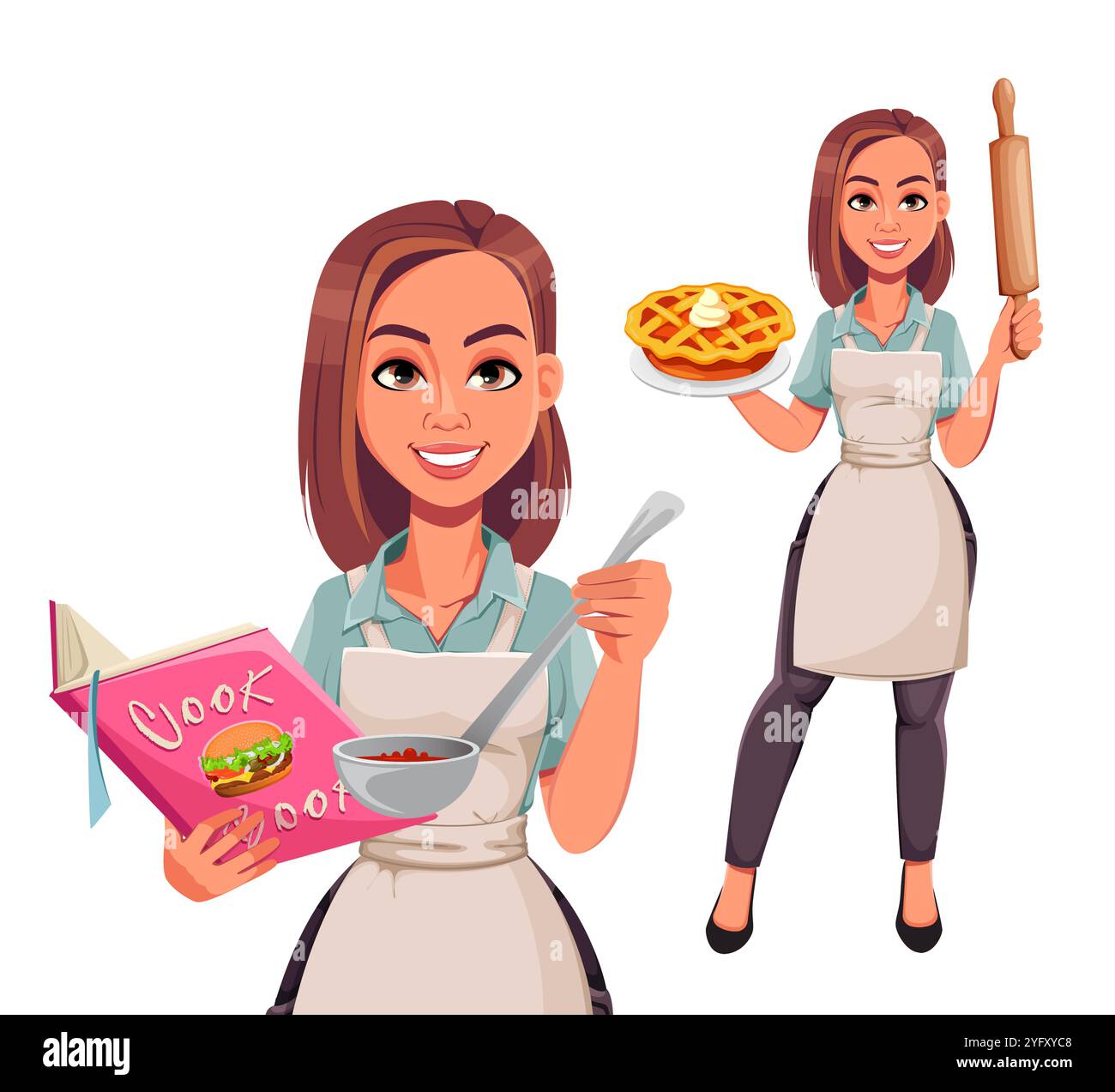 Housewife concept, young pretty stylish woman, set of two poses. Cute ...