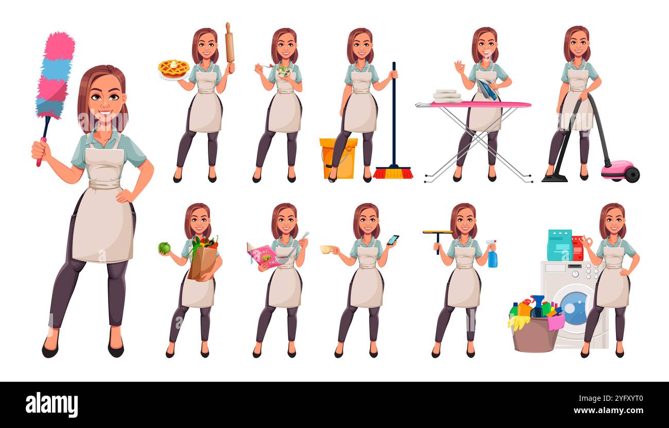 Housewife concept, young pretty stylish woman, set of eleven poses ...