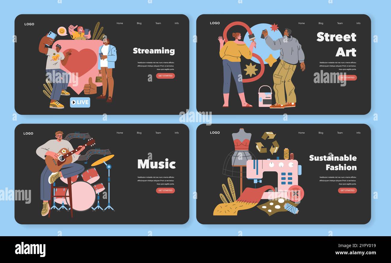 Millennial Hobbies set. Streaming, street art, music playing, and ...