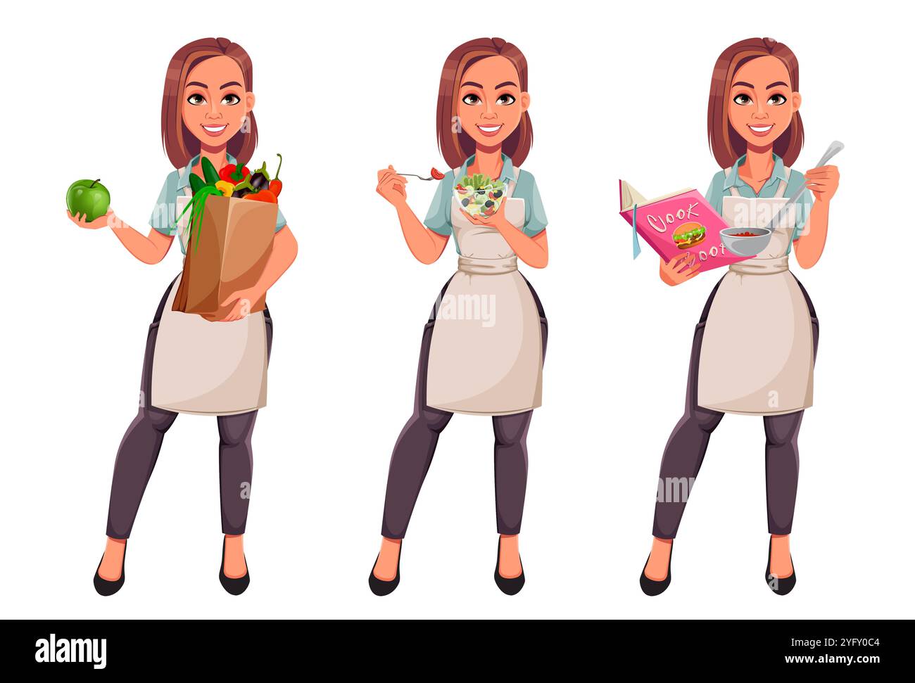 Housewife concept, young pretty stylish woman, set of three poses ...