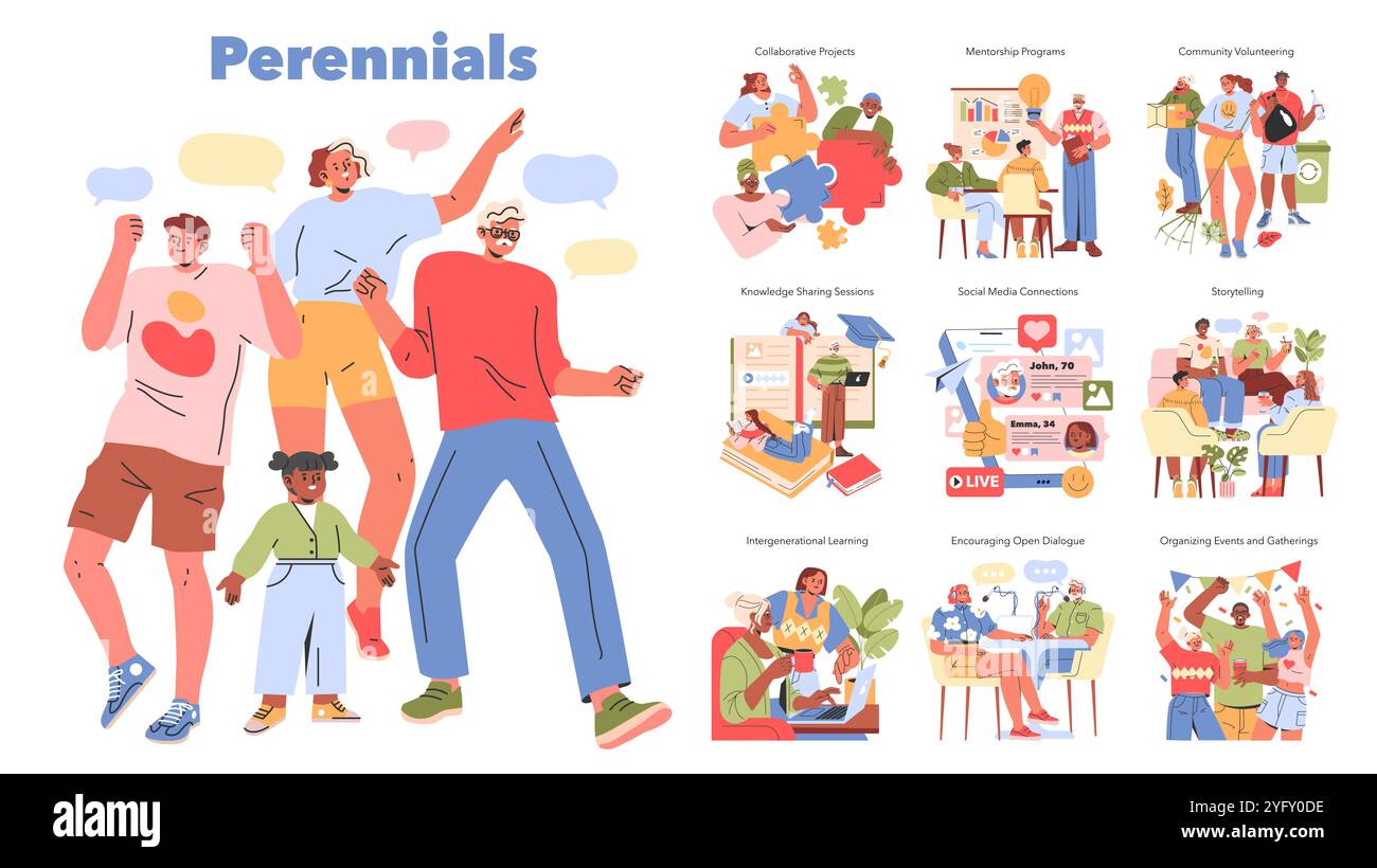 Perennials concept. Illustration of multigenerational engagement in ...