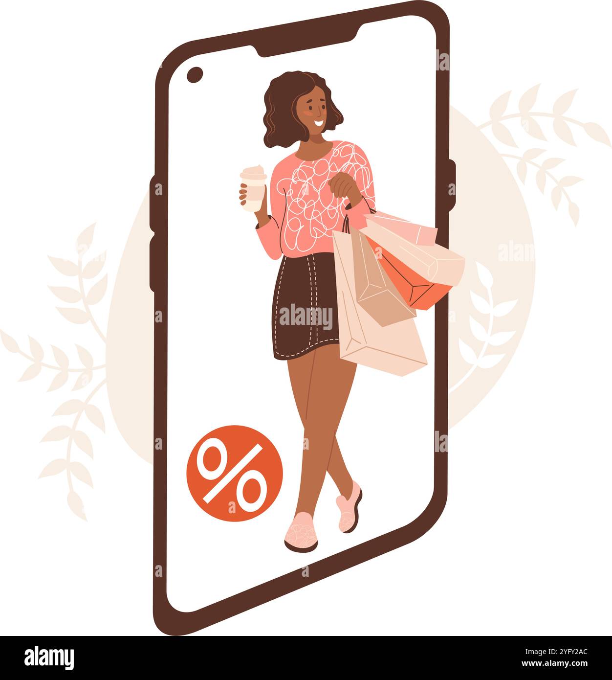 Online Shopping. Happy dark skinned woman buyer in phone with packages ...
