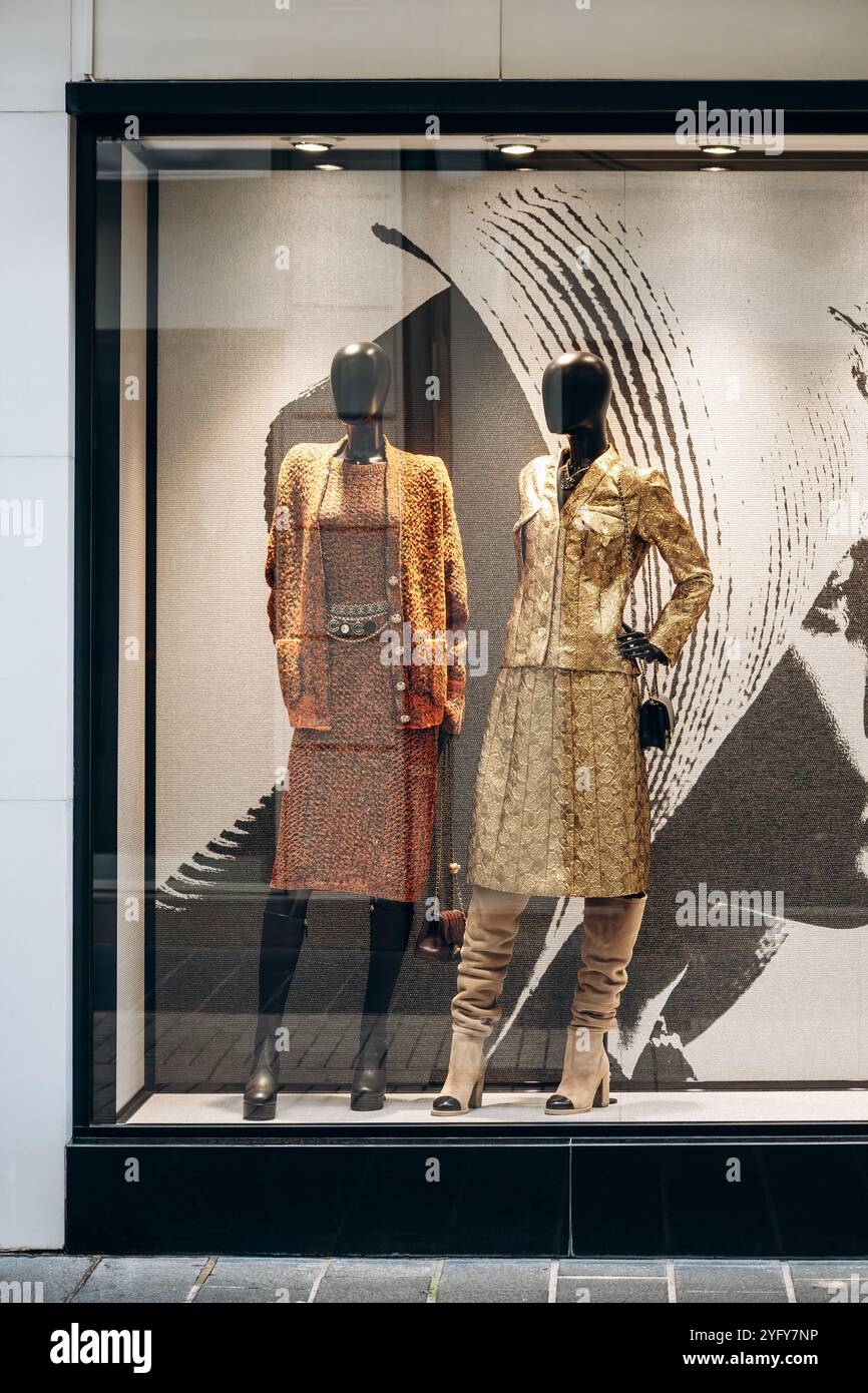 Chanel boutique window with two outfits in the center of Nice Stock ...