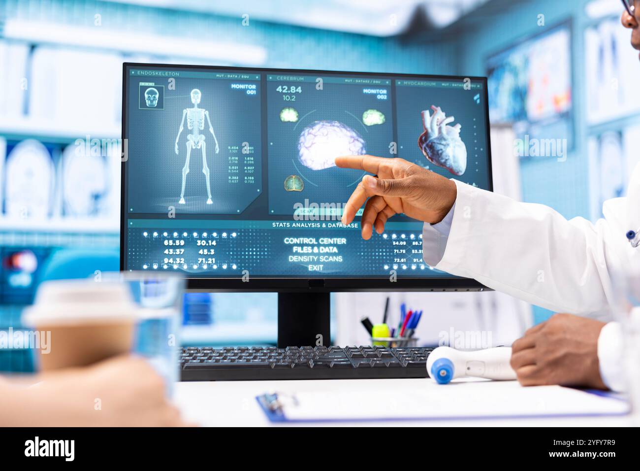 Medic expert showing the x ray imaging test results to patient at check ...