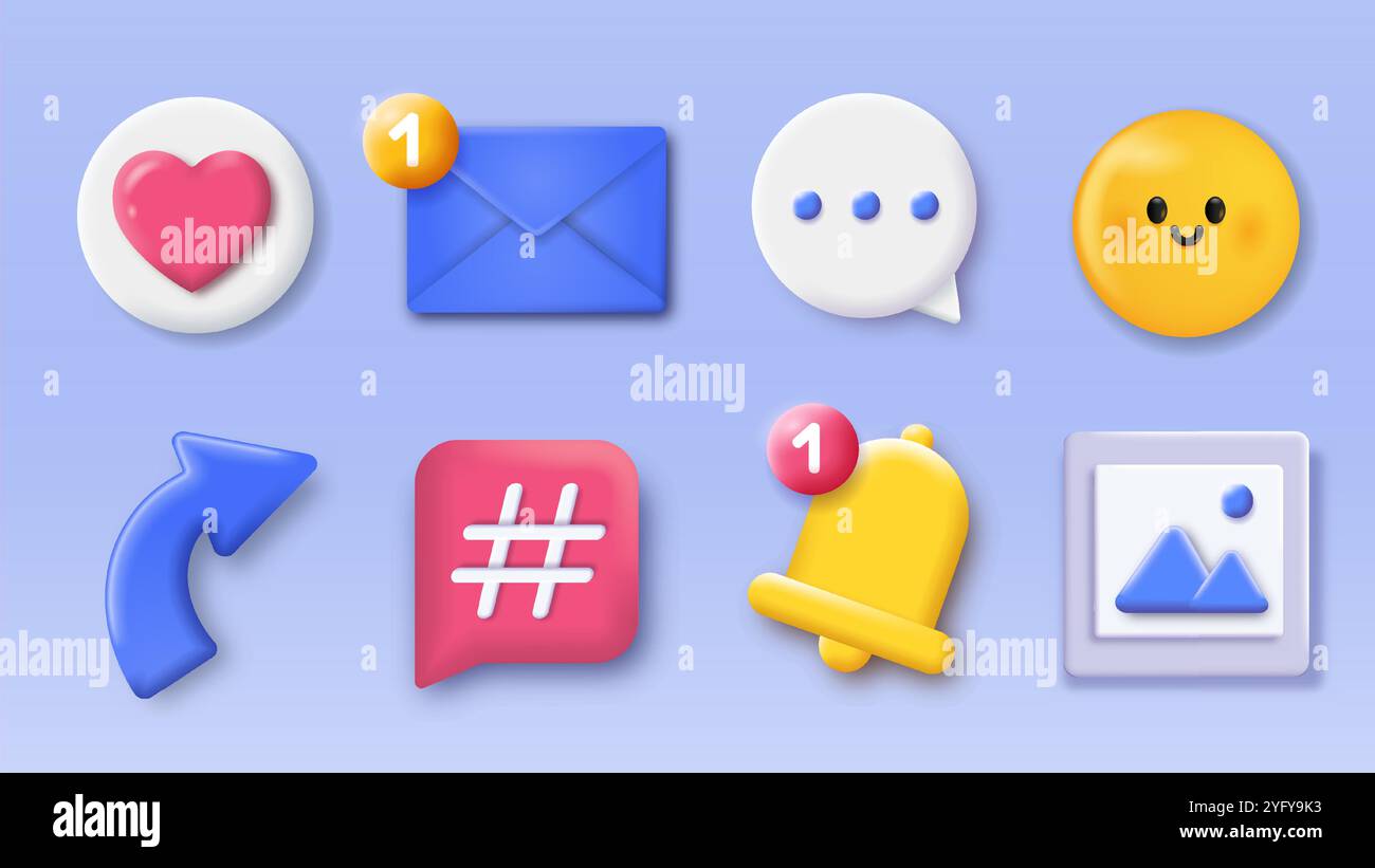 3D social media icons set. Emoji, hashtag, envelope, picture and bell ...