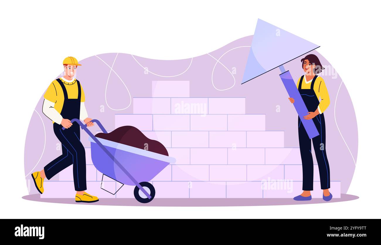 Builders with bricks. Man with cart and woman with shovel building ...