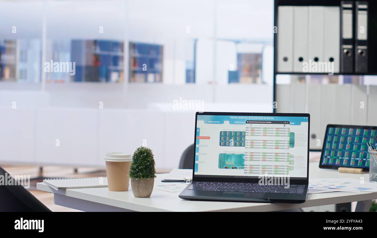 Empty financial department office filled with technology used for ...