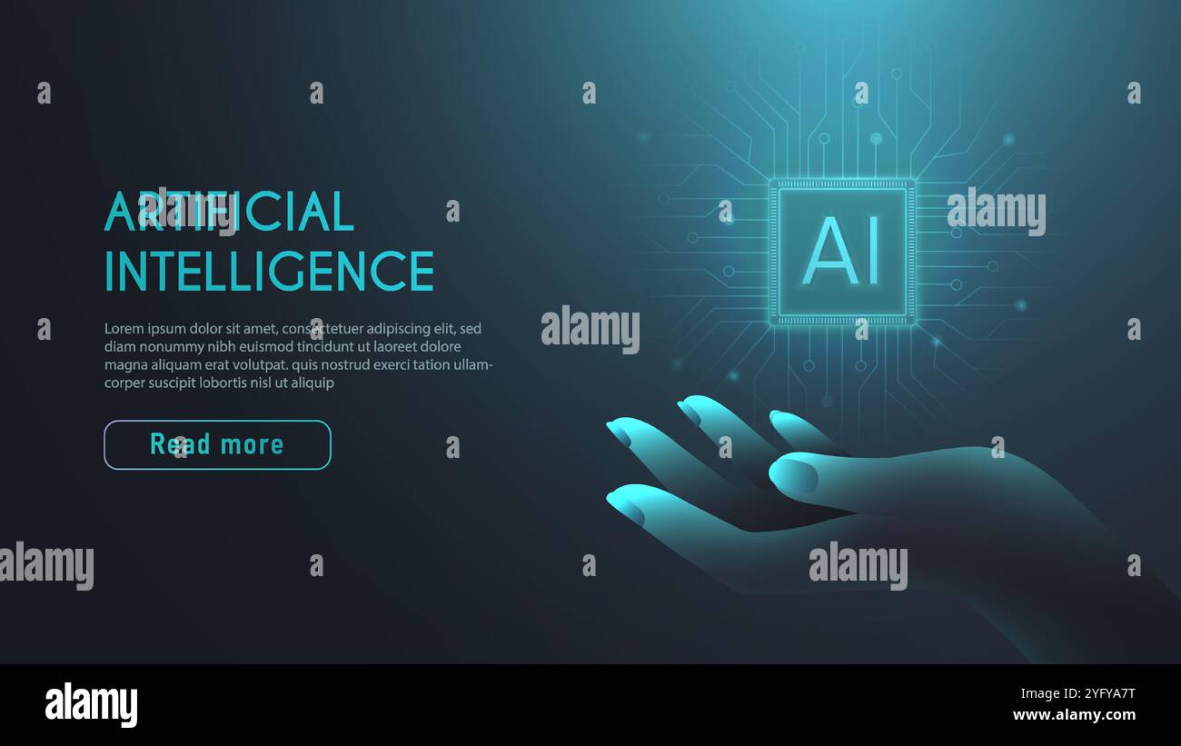 Artificial intelligence poster. Hand with ai chip with microcircuit ...