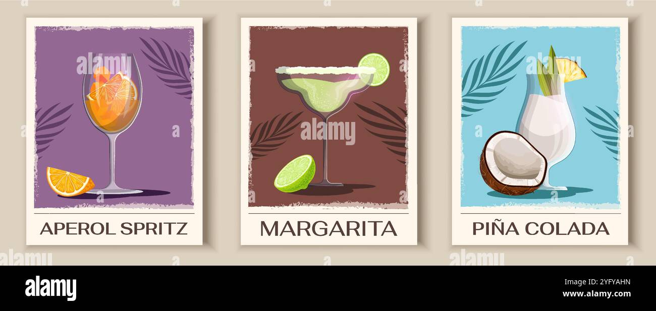 Retro posters with cocktails set. Aperol spritz, margarita and pina ...