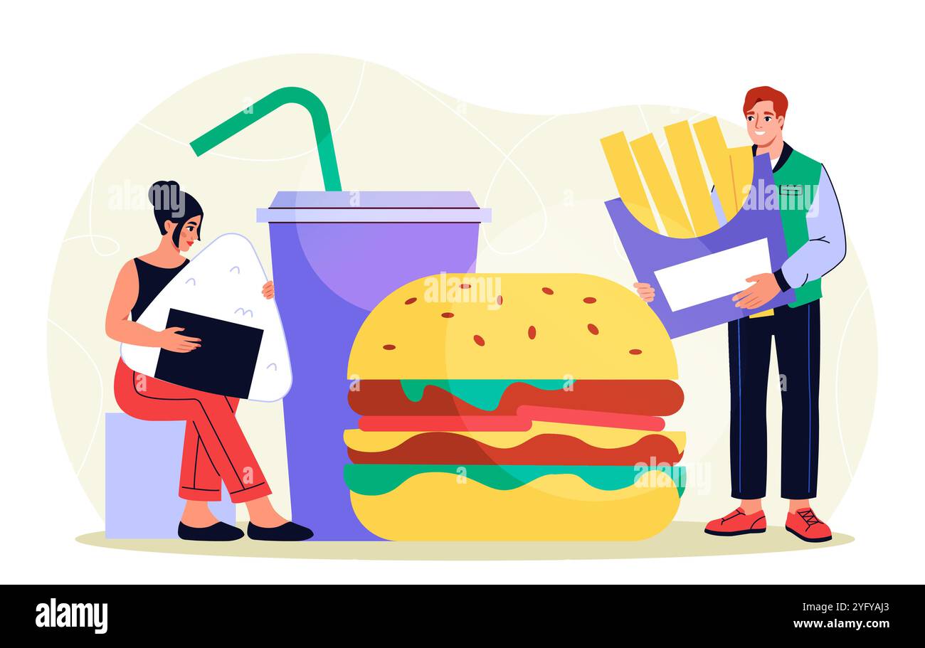 People with fast food. Man with fries and woman with drink near huge ...
