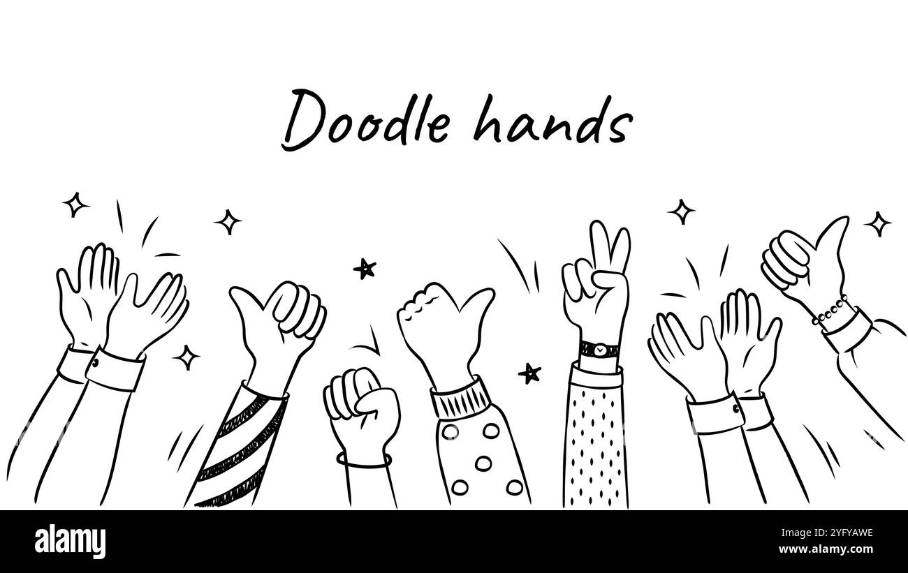 Doodle hands set. People raise their hands up and show thumbs up ...