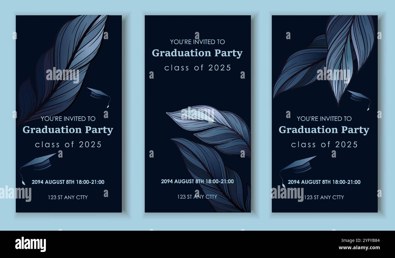 Invitation to graduation party set. Graduation caps and leaves ...