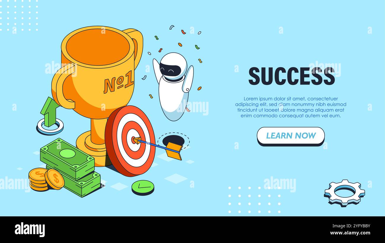 Isometric success poster. Bot near large golden trophy. Virtual ...