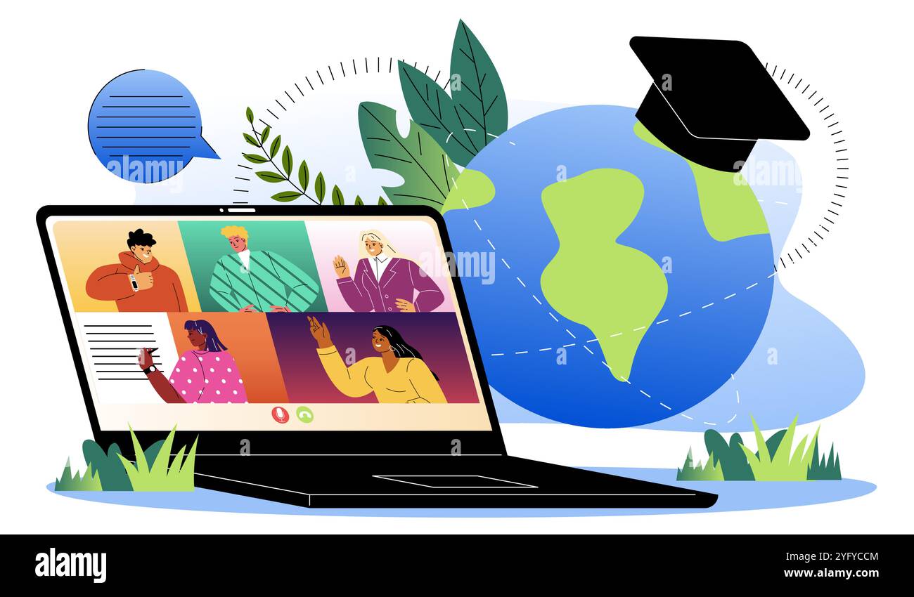 Online education at laptop. Students listen to lecture on Internet ...