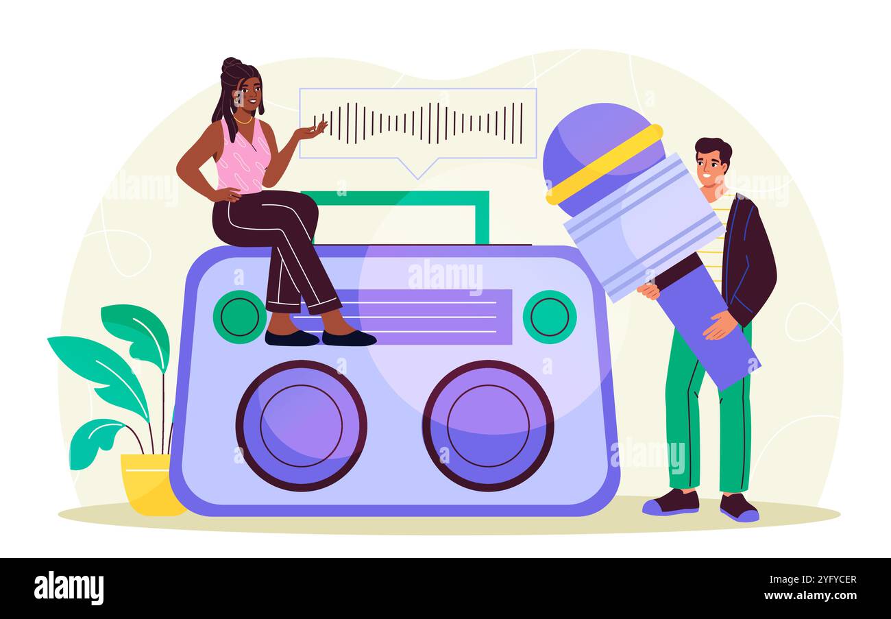 People with radio. Man with microphone and woman with huge radio ...