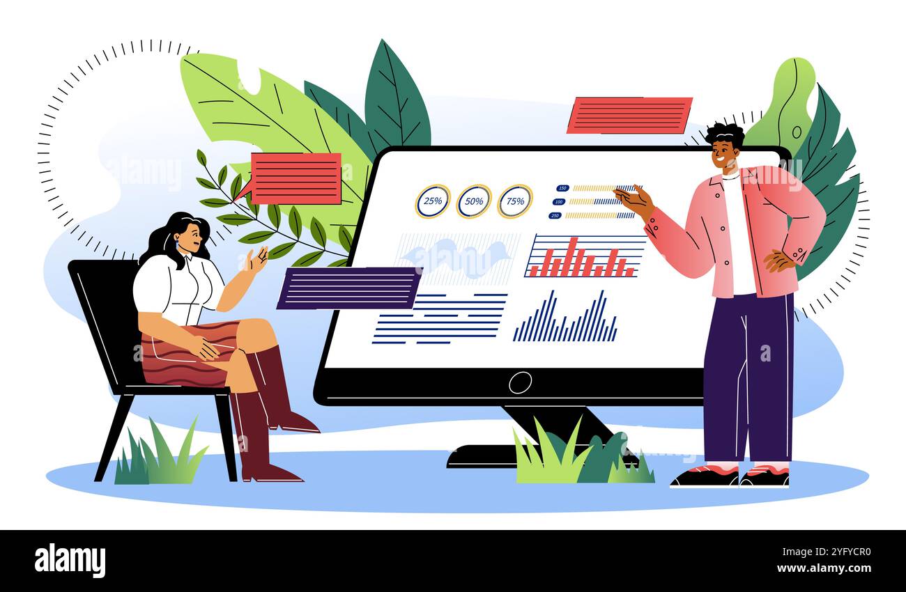 Sales managers team. Man and woman near computer screen with dashboard with graphs and diagrams ...