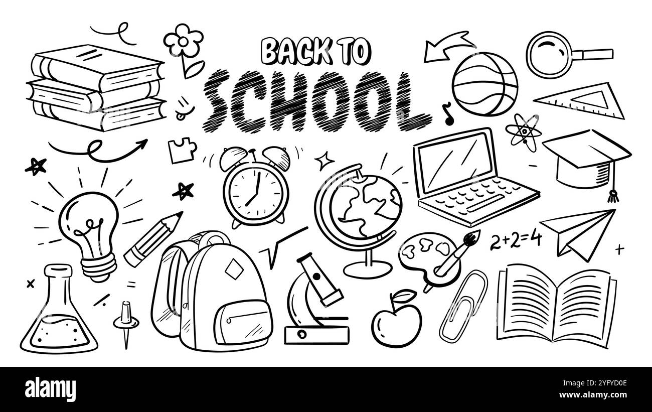 Back to school doodles set. Globe, laptop, backpack, book and ...