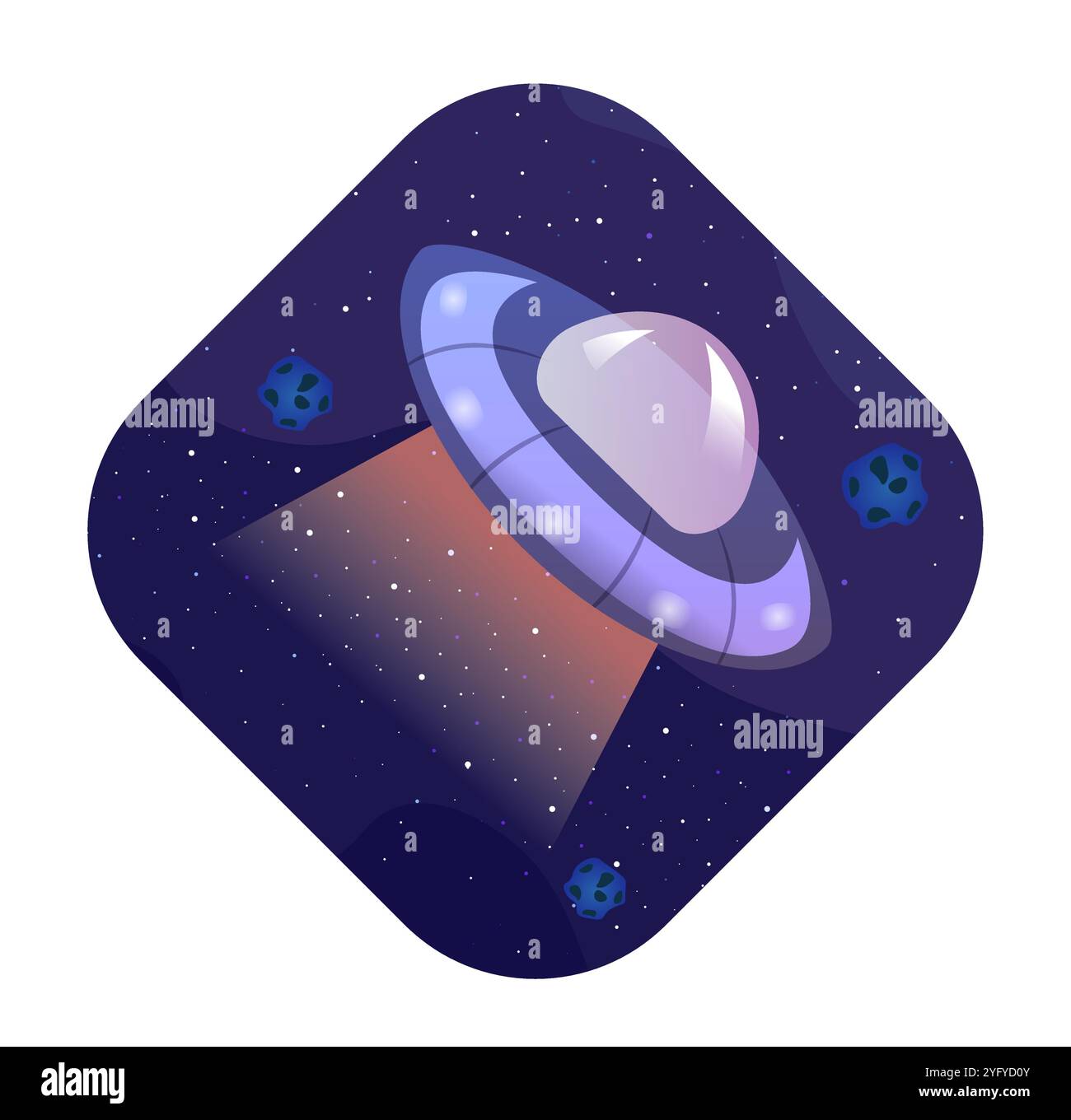 Sticker with space. Ufo near blue planets. Exploration of space, galaxy ...