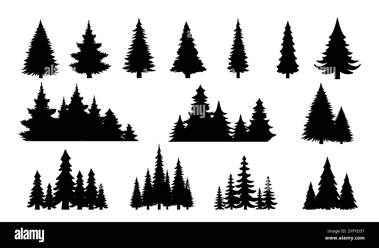 Vintage trees forest silhouettes set. Black pine trees. Natural ...