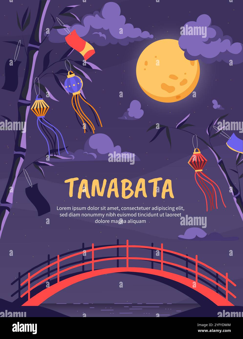 Happy tanabata poster. Toys at trees near red wooden bridge across ...