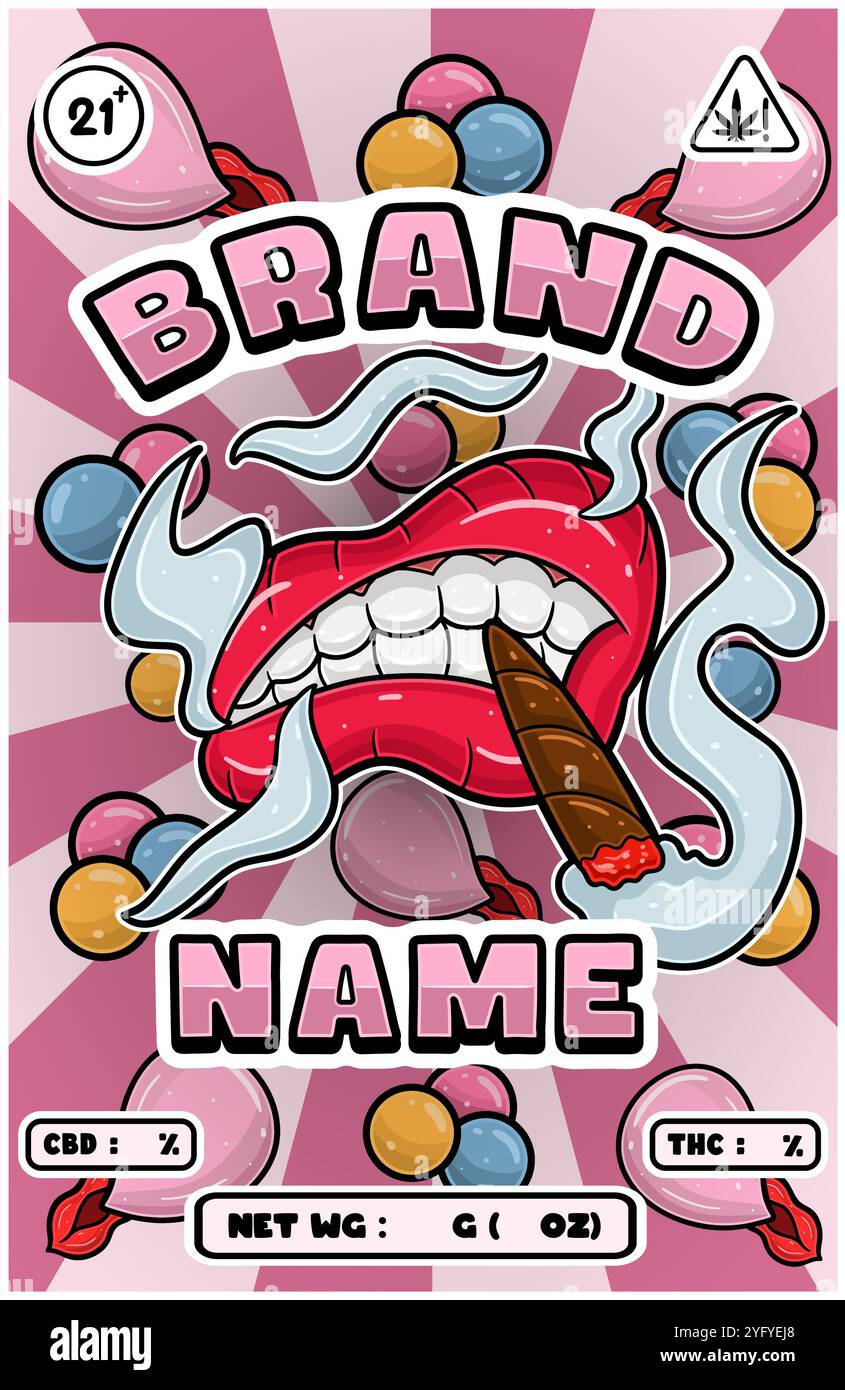 Cartoon Smoking Mouth with Bubble Gum Strains and Smoke for Cannabis ...