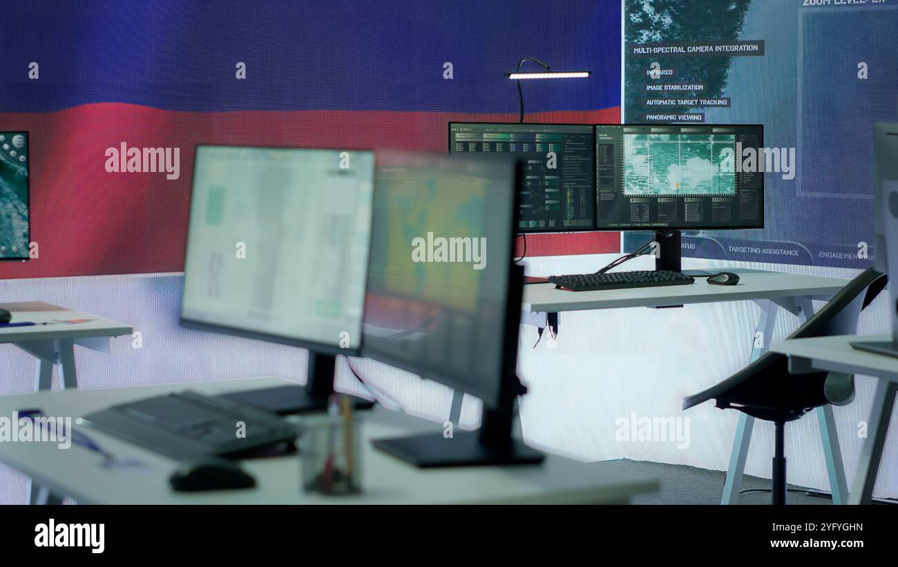 Empty russian federation military command post managing cyber warfare ...