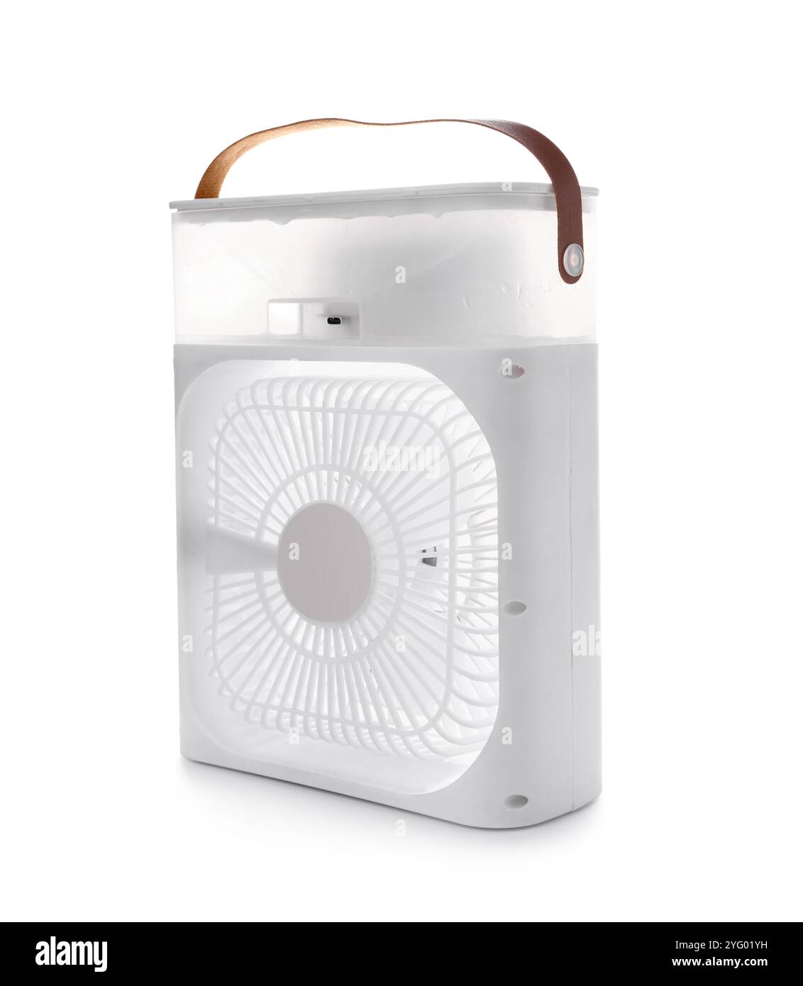 Stylish portable table fan with humidifier on white background Stock ...