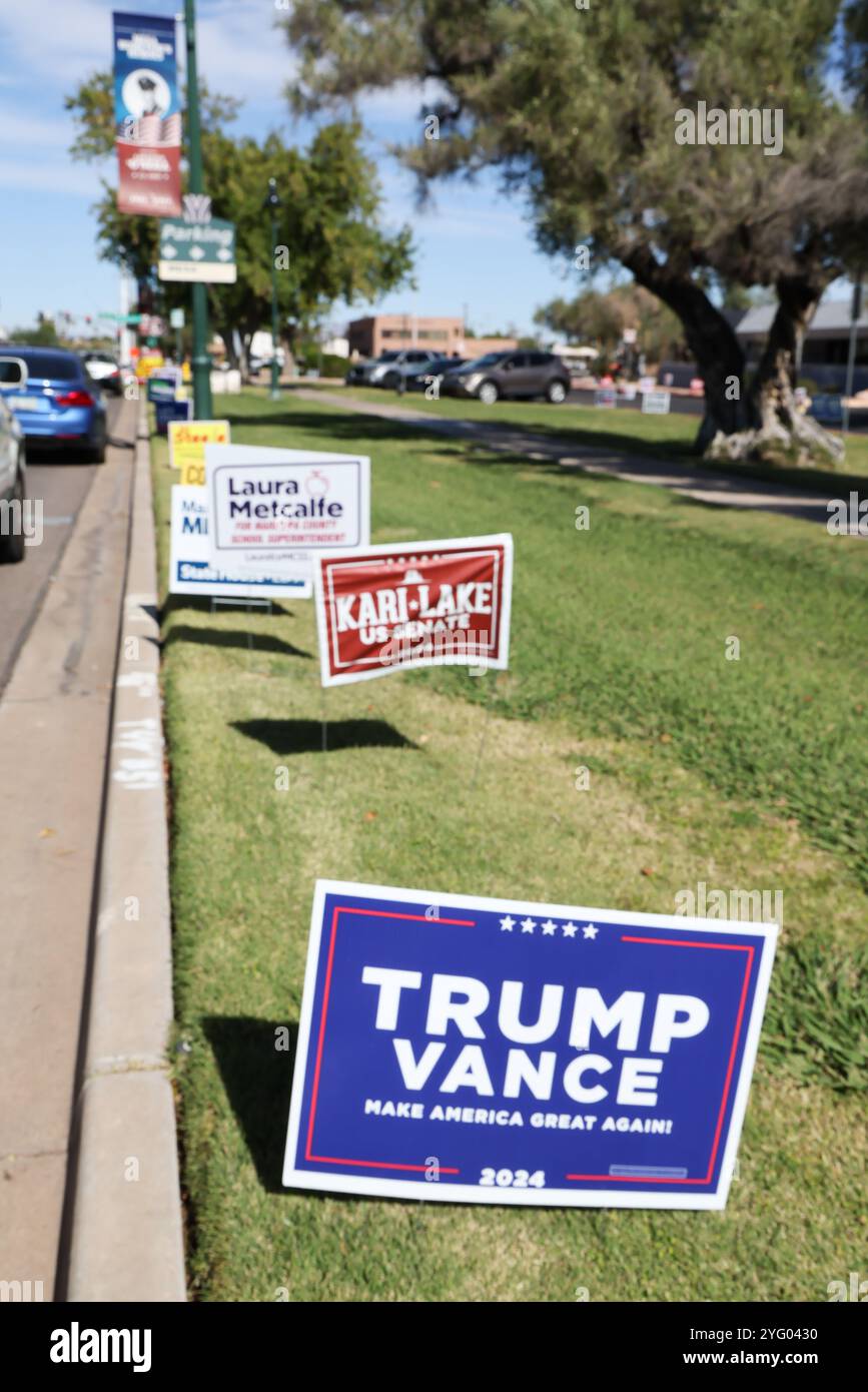 Mesa, USA. 05th Nov, 2024. Campaign signs are outside the entrance of ...