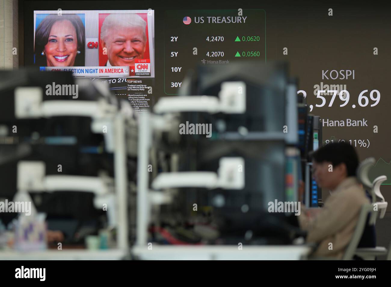 Currency traders watch their computer monitors near the screens showing ...