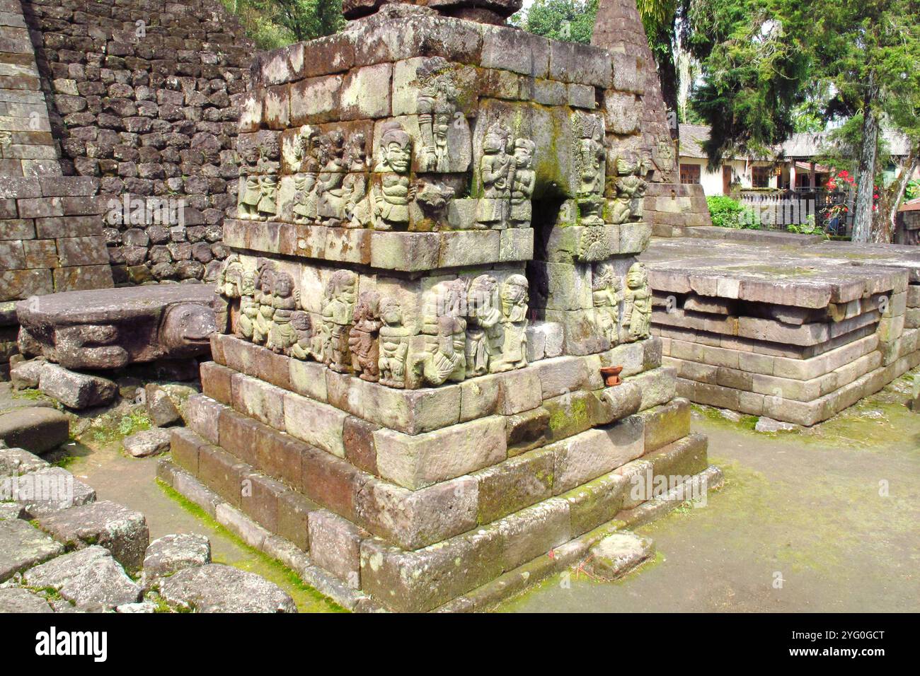 Bas-relief sculptures on wall at encased foot of Sukuh Temple, ancient ...