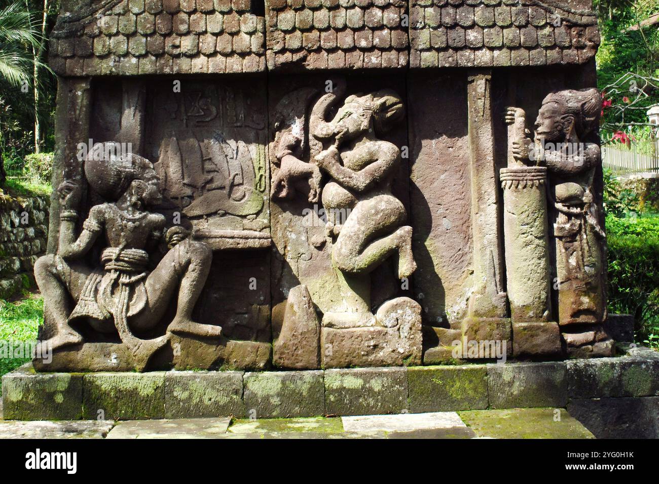 Bas-relief sculptures on wall at encased foot of Sukuh Temple, ancient ...