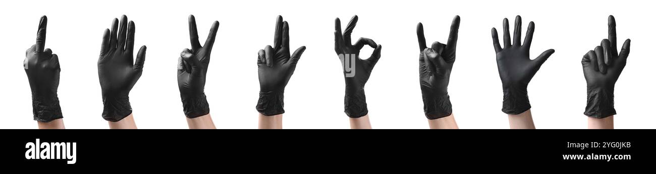 Hands in black gloves showing different gestures isolated on white ...