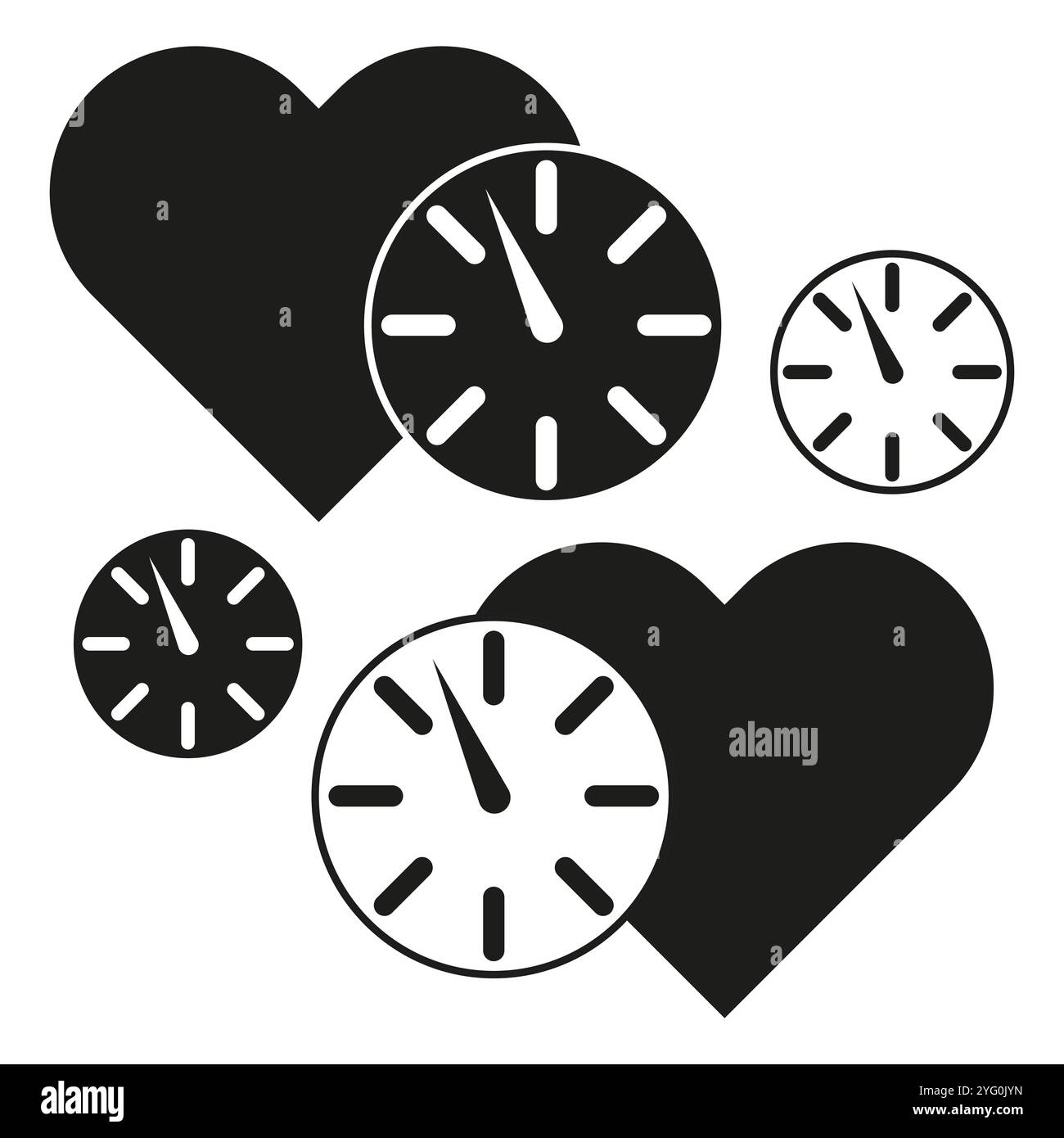 Clock and heart shapes. Love and time concept. Black and white icons ...