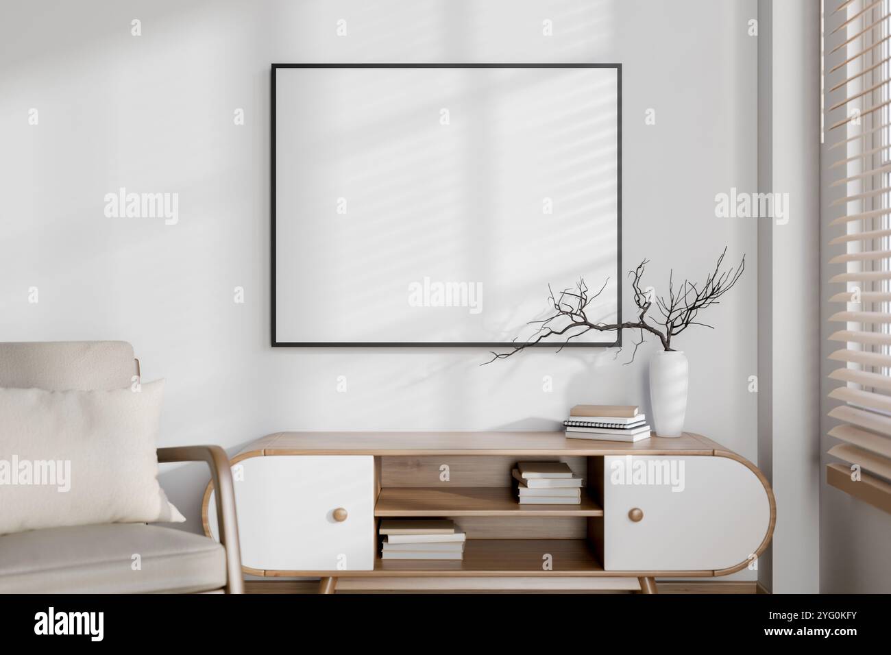 The interior design of a contemporary minimalist living room features a blank frame mockup on a ...