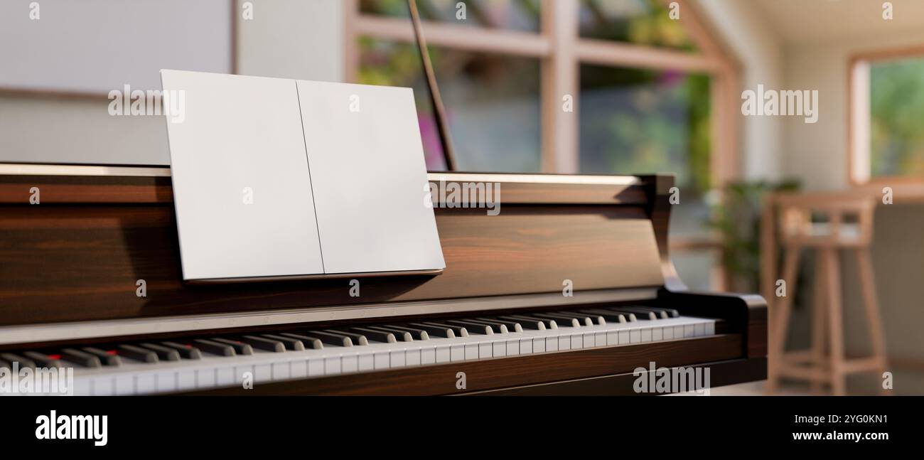 A close-up of a beautiful classic wood grand piano with blank pages of ...
