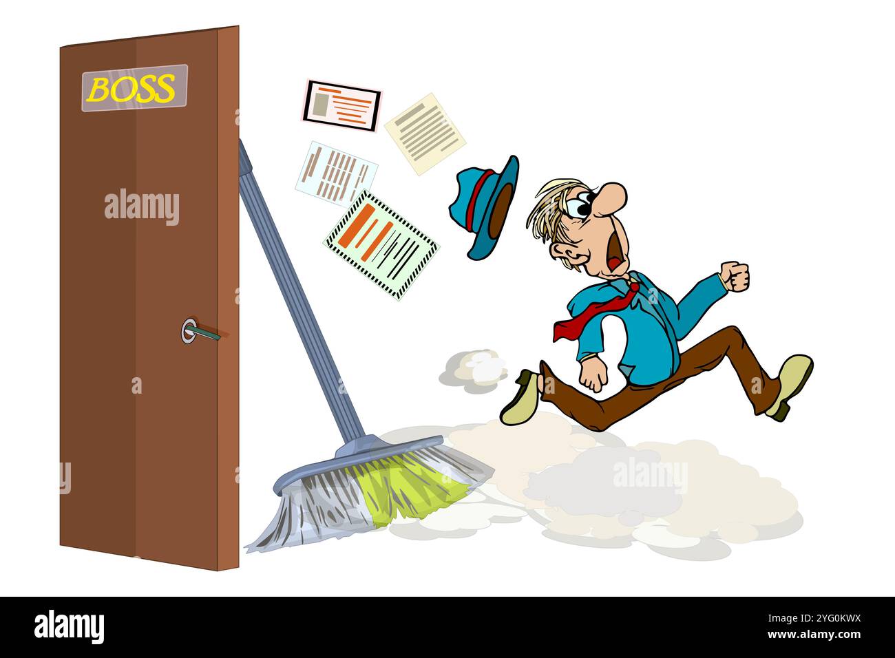 Boss with employee. Officer and flying pages of documents.Company boss ...