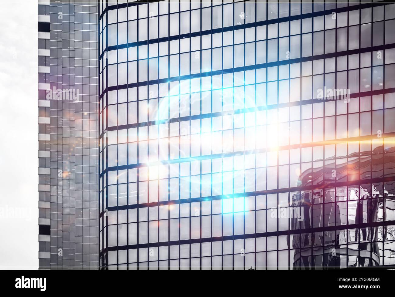 A glowing digital heart shape floats in front of a modern skyscraper ...