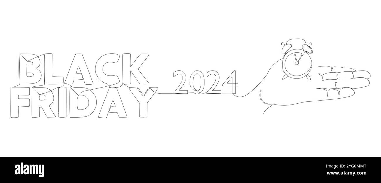 One continuous line of alarm clock with Black Friday 2024 text. Thin Line Illustration vector ...