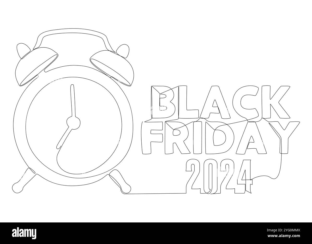 One continuous line of alarm clock with Black Friday 2024 text. Thin Line Illustration vector ...