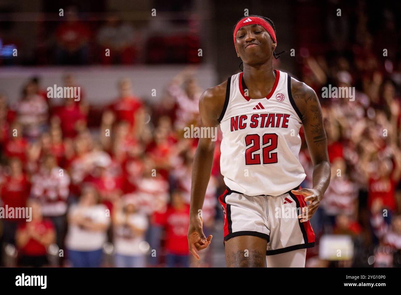 November 5, 2024: NC State Wolfpack guard Saniya Rivers (22) reacts ...