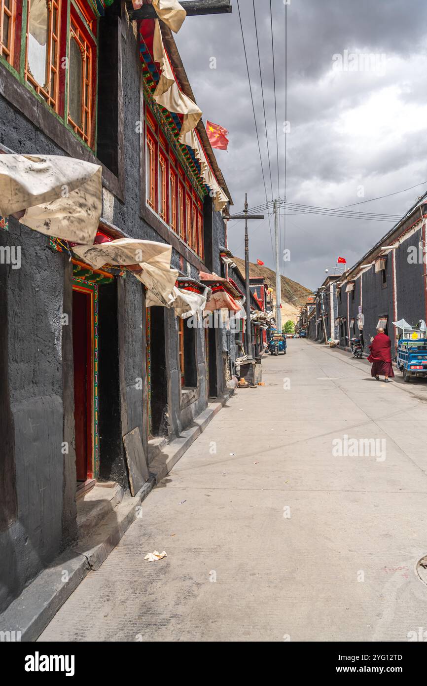 The grey houses of the Tibetan village in the West of Tibet, background ...